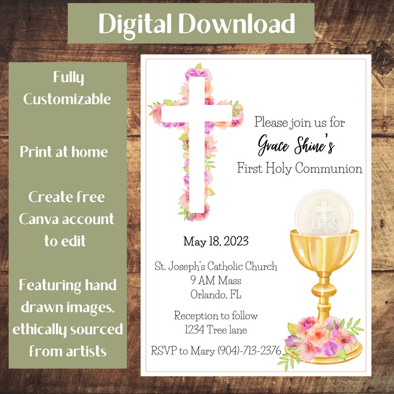 First Communion Invitation Girl Floral 1st Communion Invite Digital ...