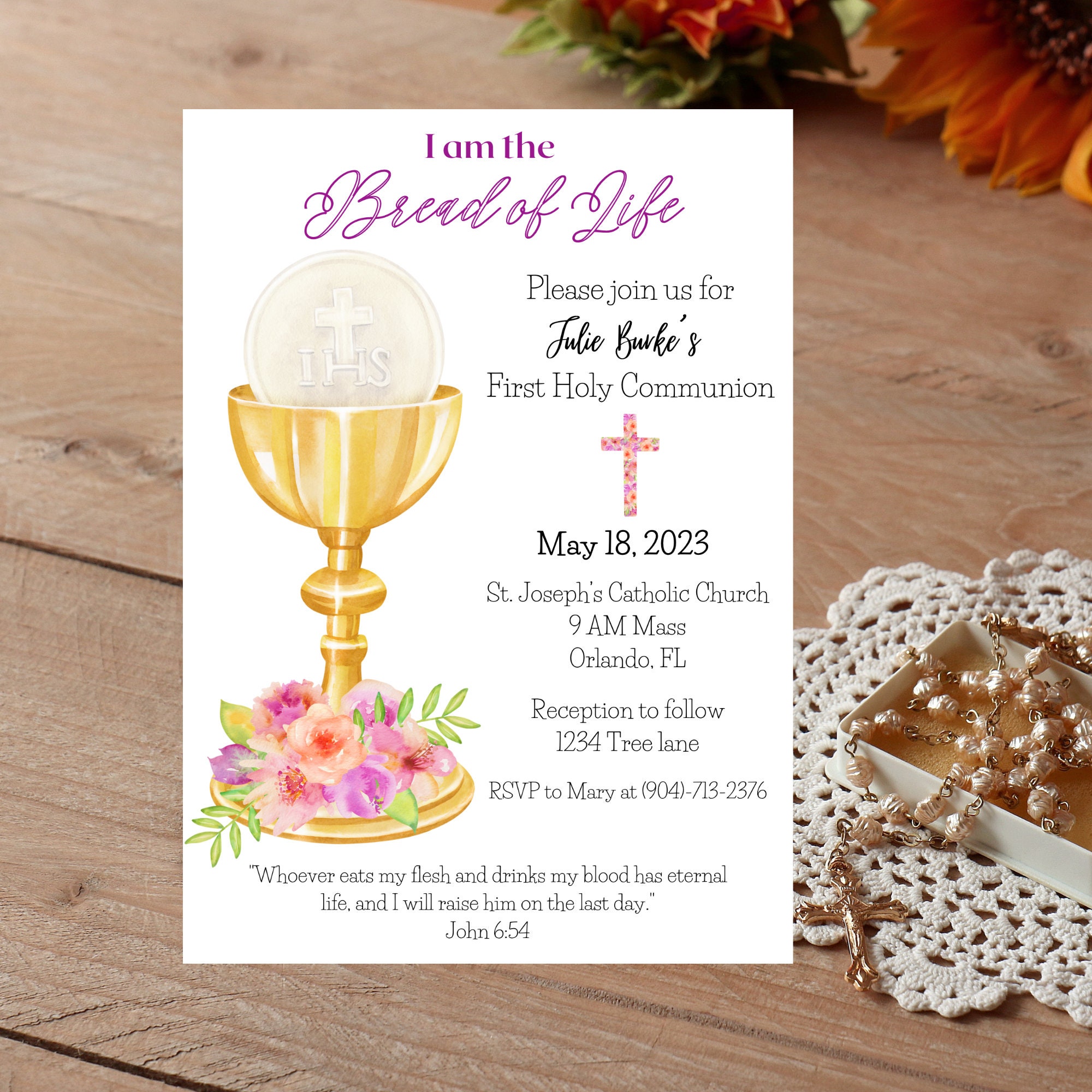 First Communion Invitation Girl - Floral 1st Communion Invite - First ...