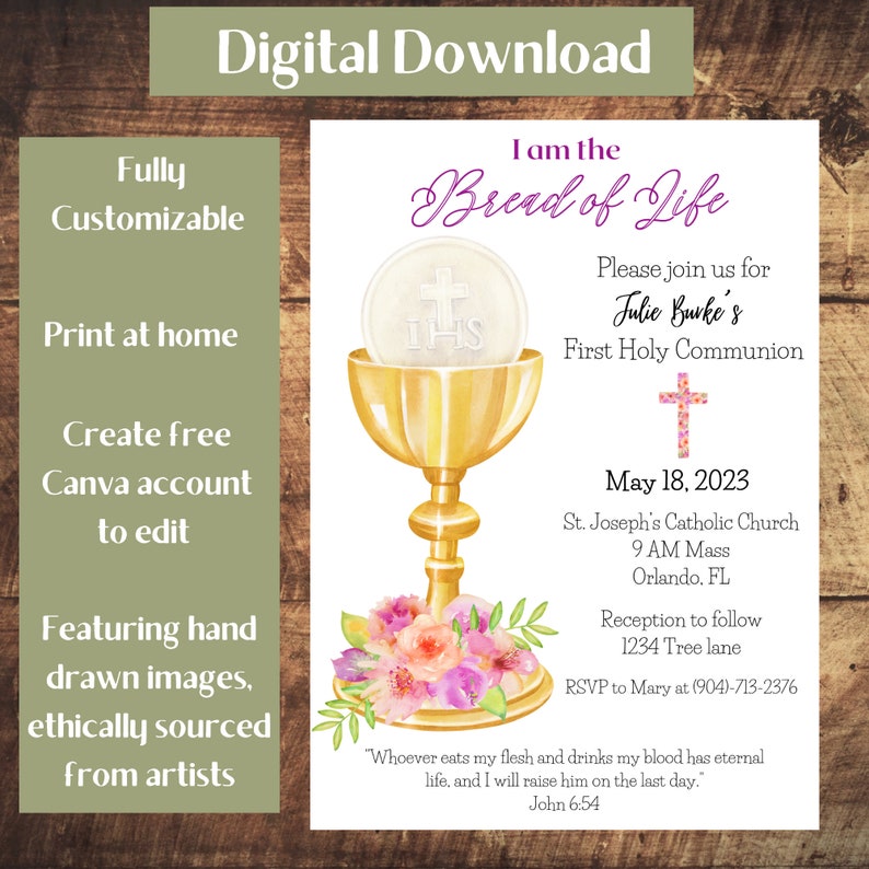 Floral First Communion Invitation Girl – Watercolor Chalice (digital ...