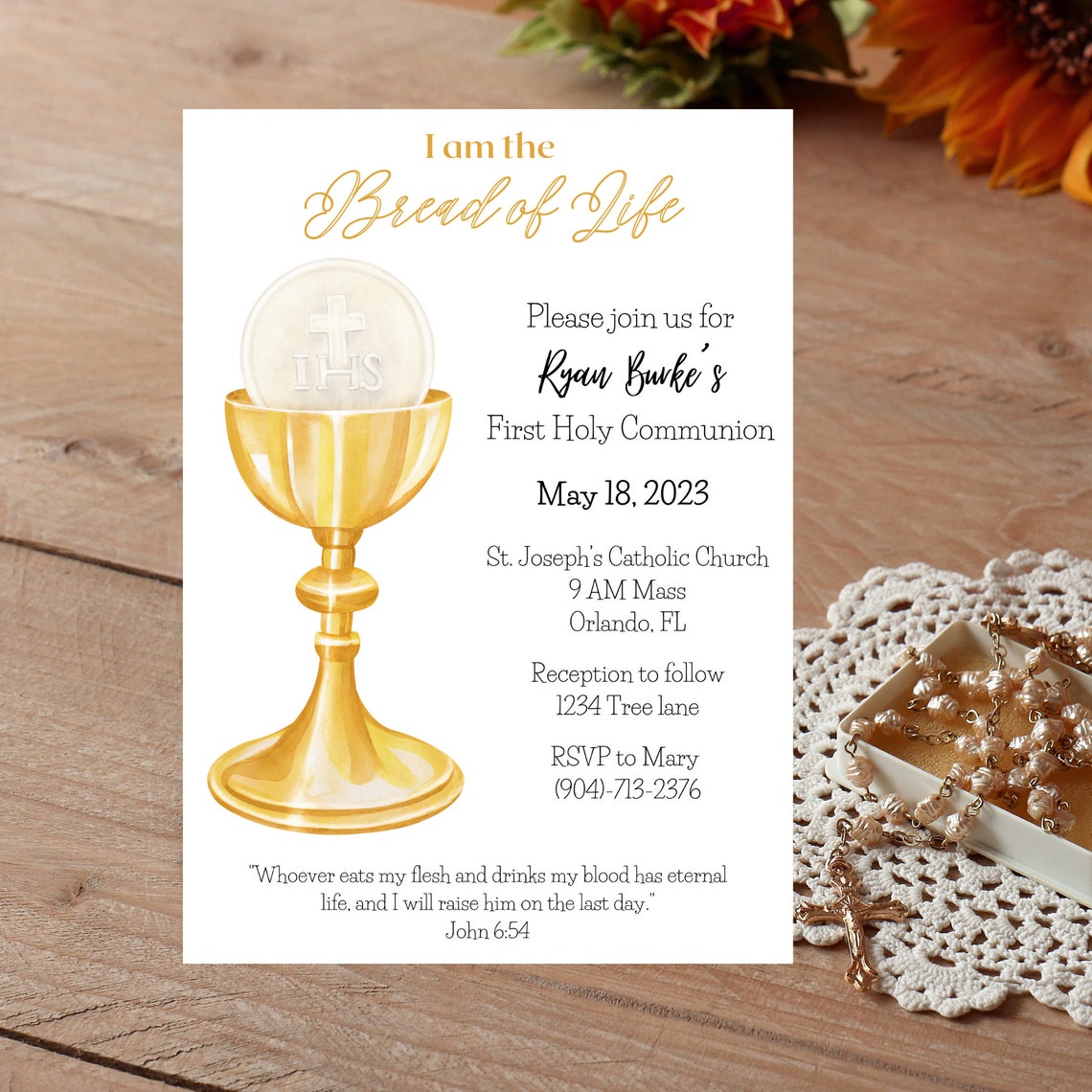 Traditional Gold First Communion Invitation - Bread of Life 1st ...