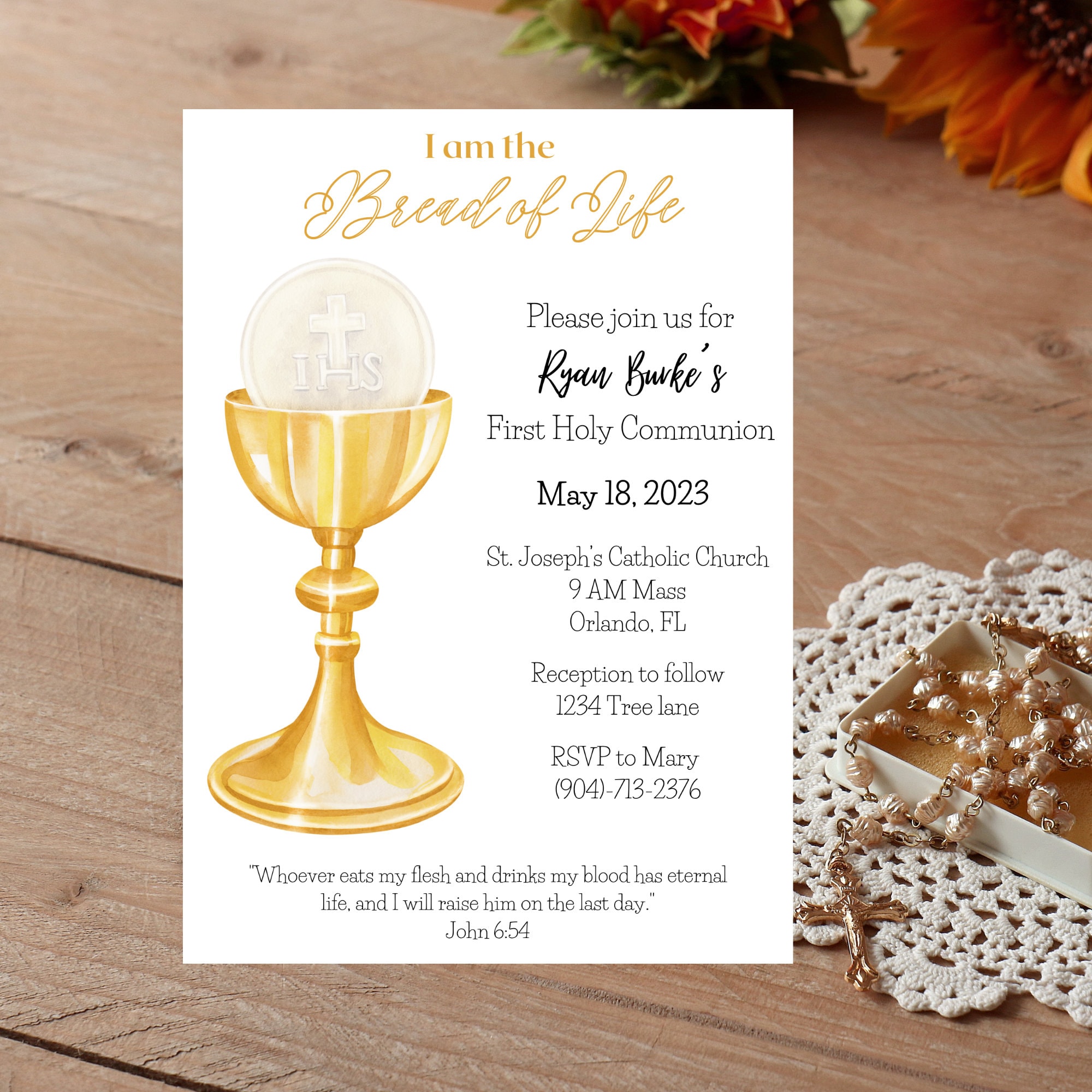 Traditional Gold First Communion Invitation - Bread of Life 1st ...