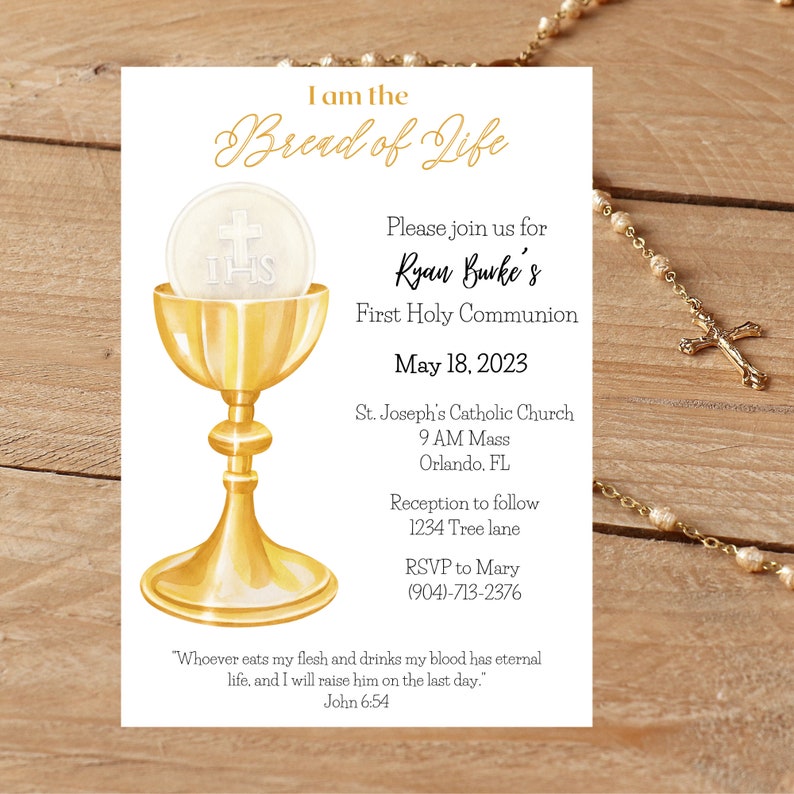 Traditional Gold First Communion Invitation - Bread of Life 1st ...
