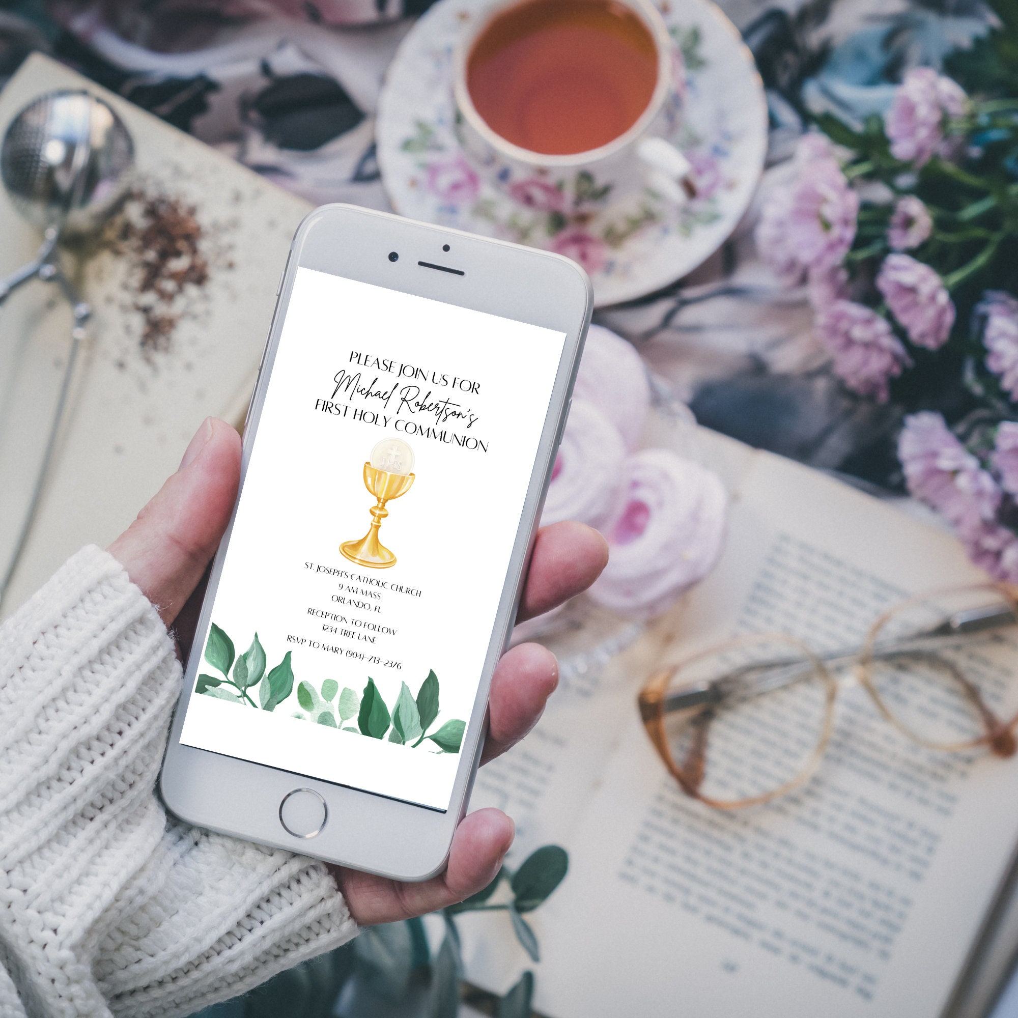 First Communion Invitation With Greenery 1st Communion Invite ...