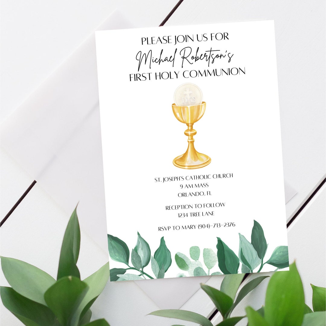 First Communion Invitation With Greenery - 1st Communion Invite ...