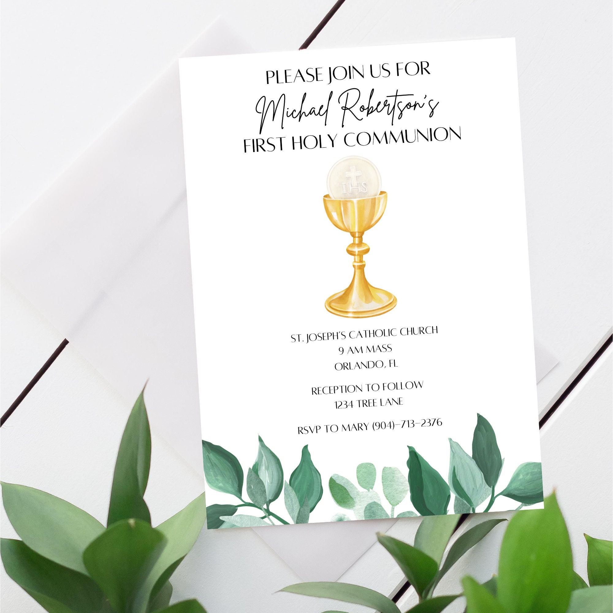 First Communion Invitation With Greenery 1st Communion Invite ...