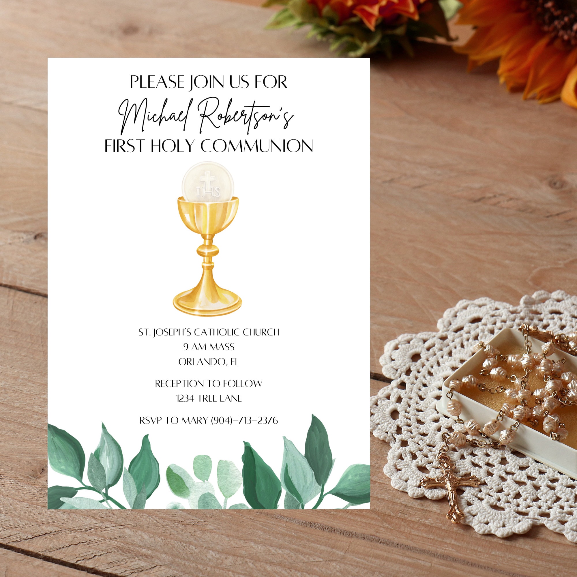 First Communion Invitation With Greenery 1st Communion Invite ...