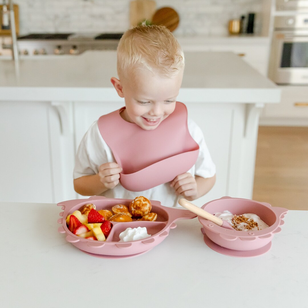 Silicone Dinosaur Feeding Set - Suction Dino Plate, Snack Bowl, Bib ...