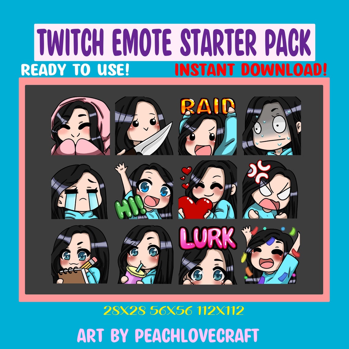 Chibi Girl Emote Pack for Twitch Streamers Discord Emotes Black Hair ...