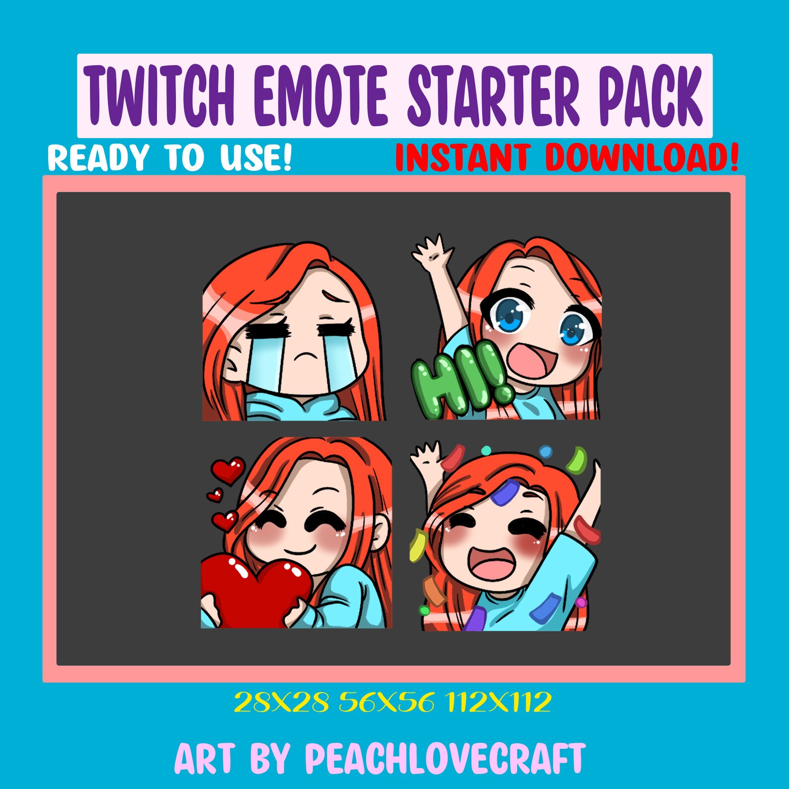 Chibi Girl Emote Pack for Twitch Streamers Discord Emotes Red Hair Blue ...