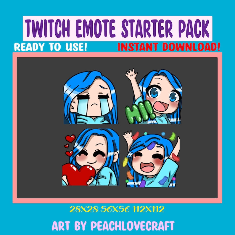Chibi Girl Emote Pack for Twitch Streamers Discord Emotes Blue Hair ...