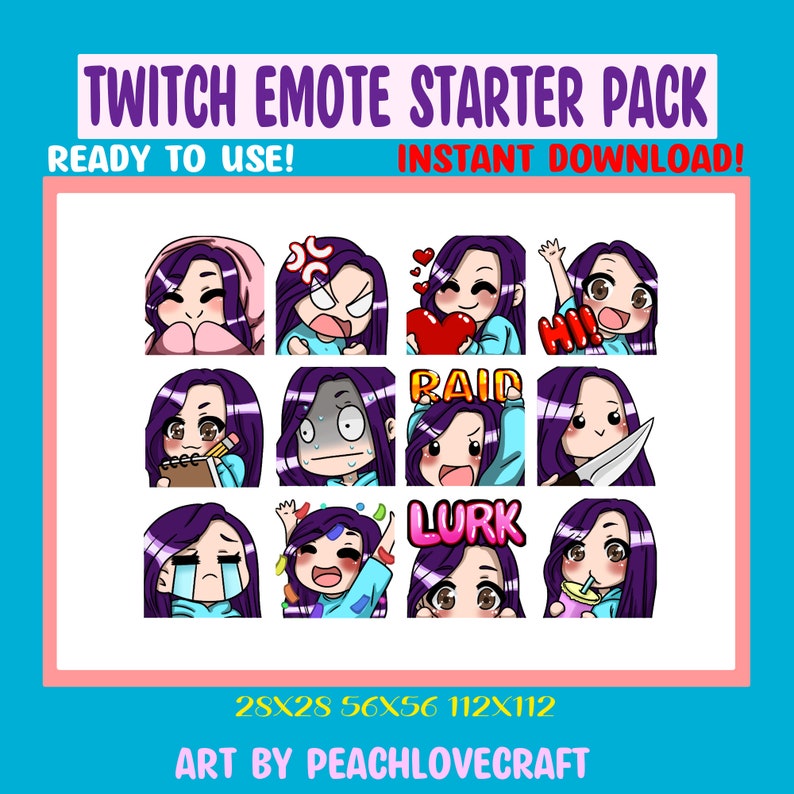 Chibi Girl Emote Pack for Twitch Streamers Discord Emotes Dark Purple ...