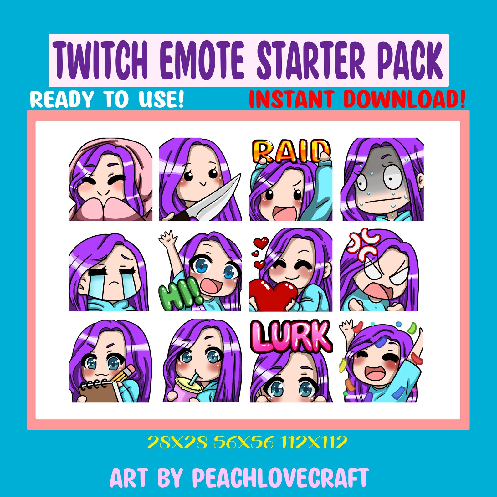 Chibi Girl Emote Pack for Twitch Streamers Discord Emotes Purple Hair ...