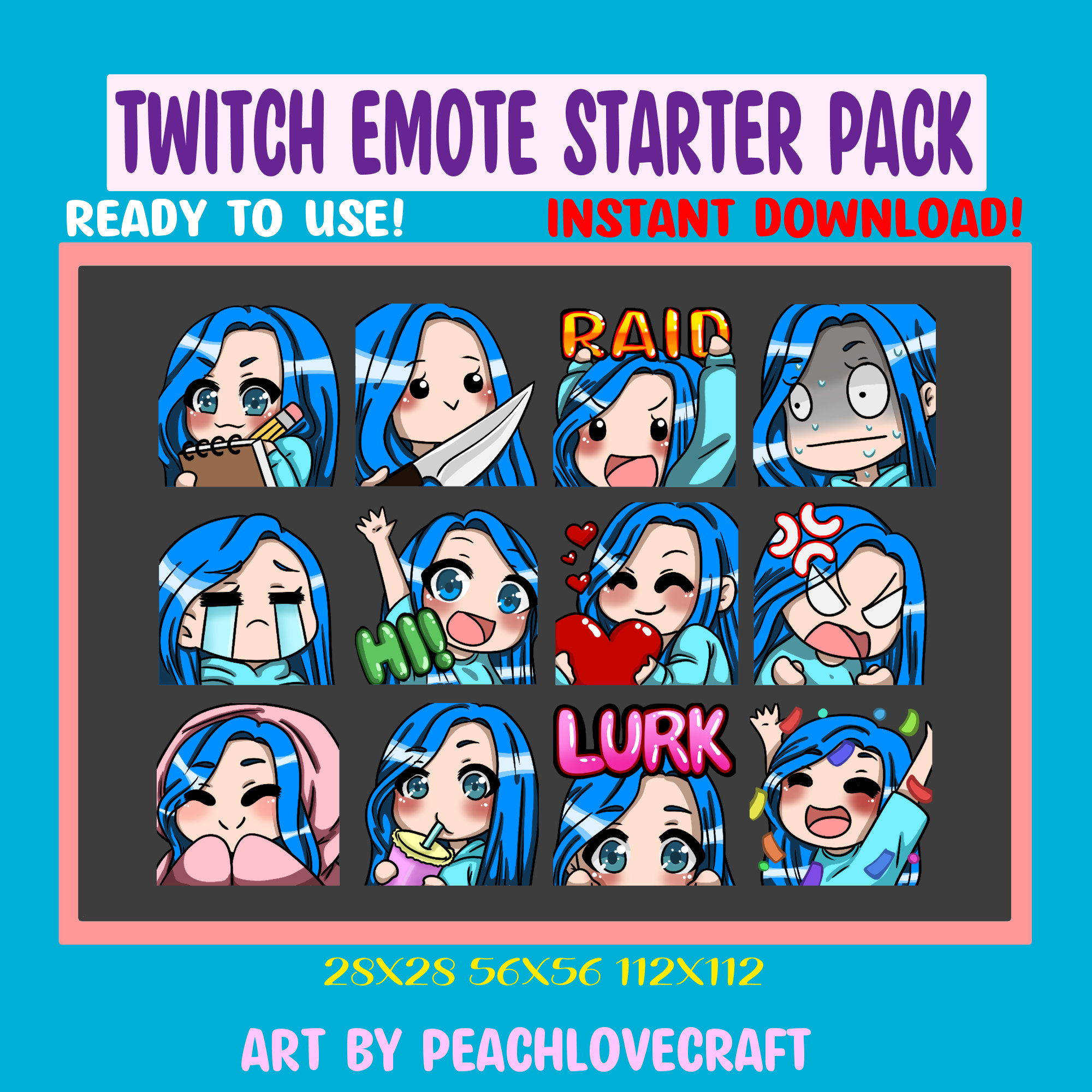 Chibi Girl Emote Pack for Twitch Streamers Discord Emotes Blue Hair ...