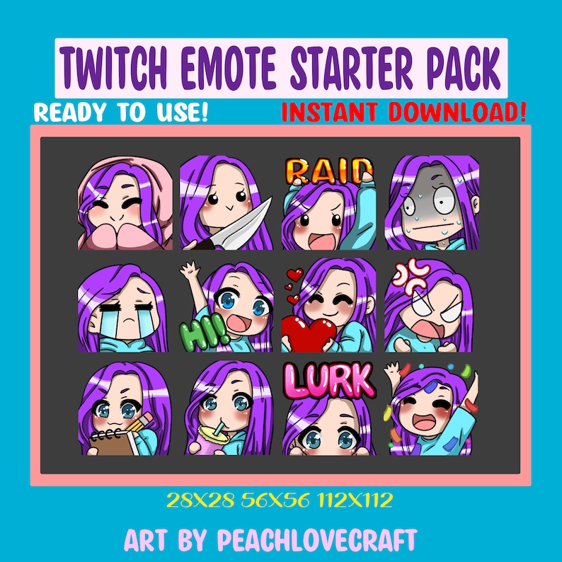 Chibi Girl Emote Pack for Twitch Streamers Discord Emotes Purple Hair ...