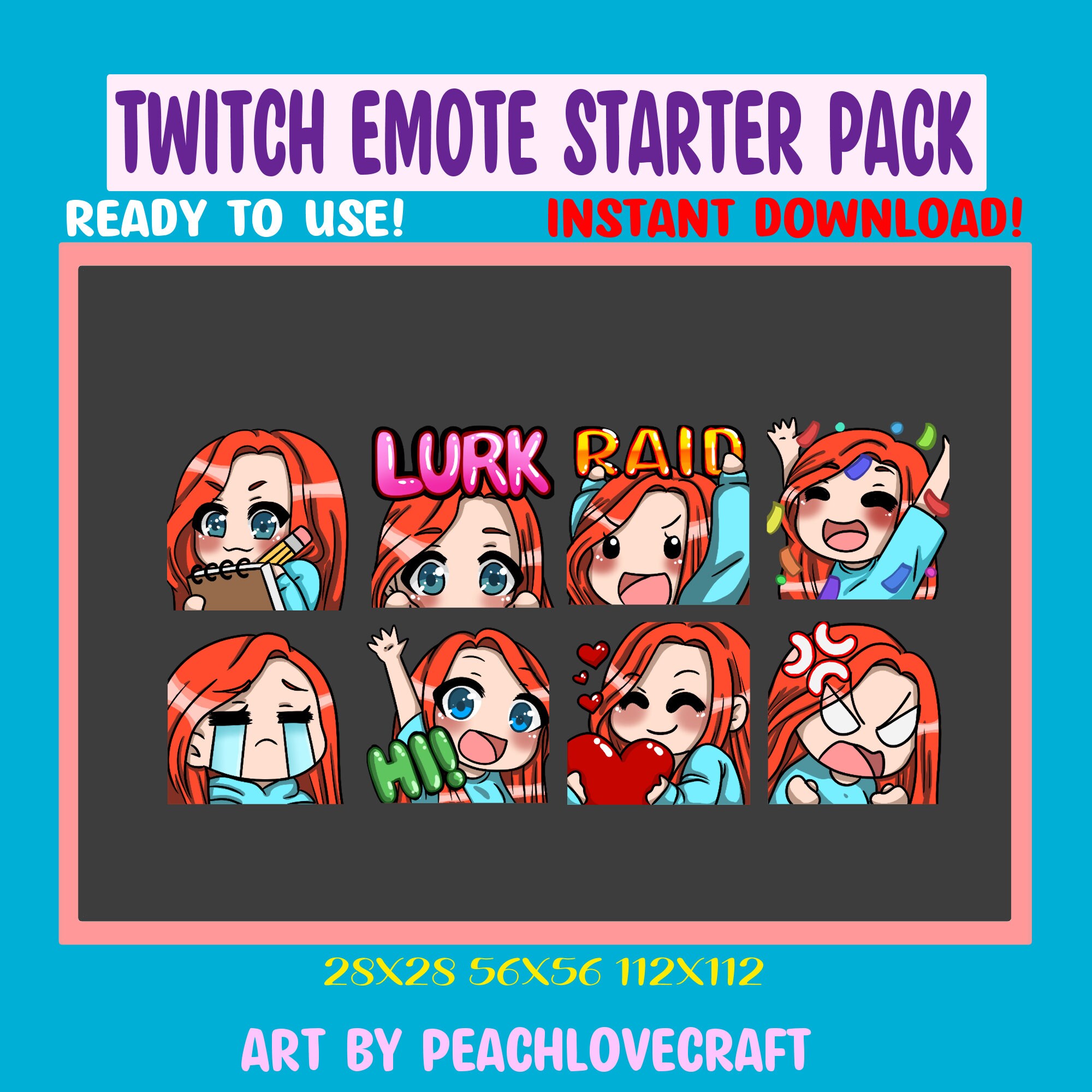 Chibi Girl Emote Pack for Twitch Streamers Discord Emotes Red Hair Blue ...