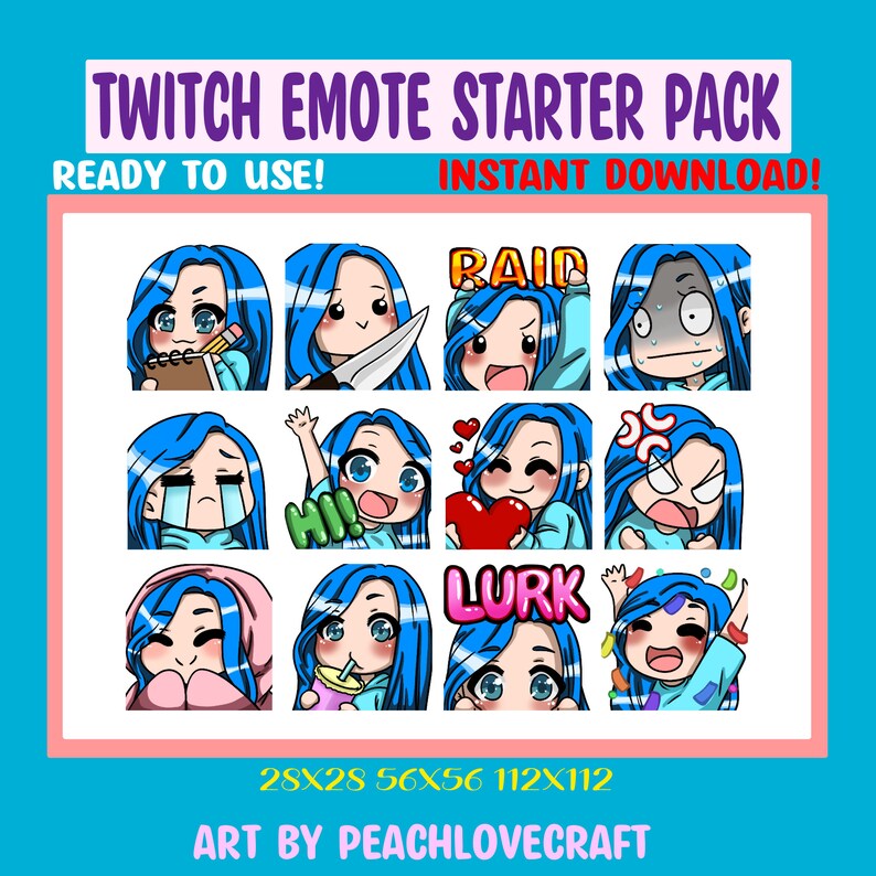 Chibi Girl Emote Pack for Twitch Streamers Discord Emotes Blue Hair ...