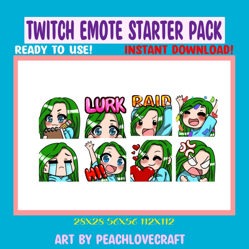 Chibi Girl Emote Pack for Twitch Streamers Discord Emotes Green Hair ...