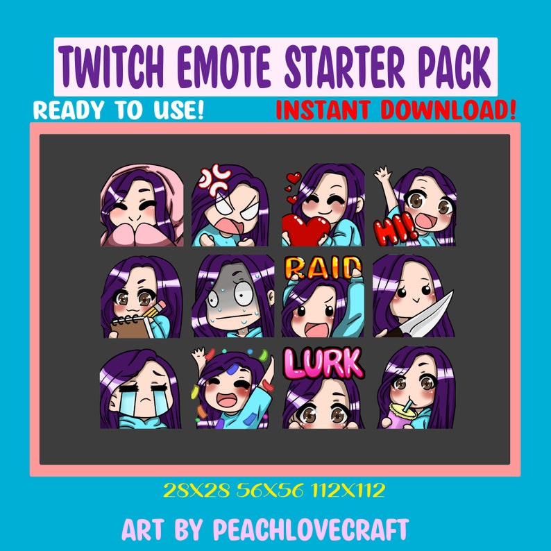 Chibi Girl Emote Pack for Twitch Streamers Discord Emotes Dark Purple ...