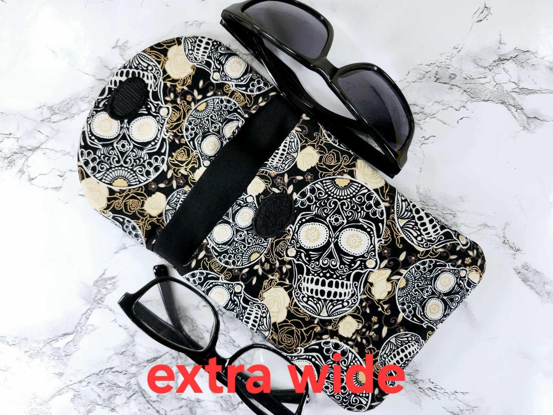 Extra-wide Double Eyeglass Case: Silver & Gold Sugar Skulls, Padded ...