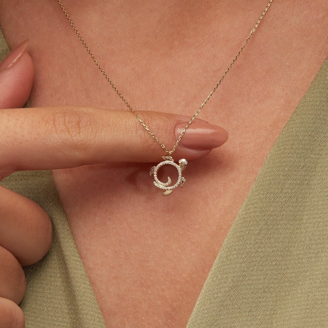 Diamond Turtle Necklace / 14k Solid Gold Necklace / 0.08 Ct Dainty Pave ...