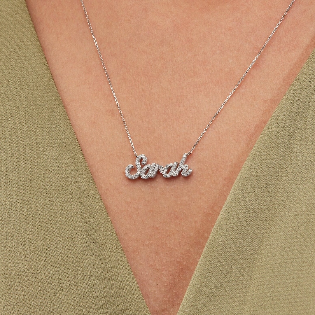 Diamond Custom Name Plate Necklace | 14k Solid Gold Personalized Gift ...
