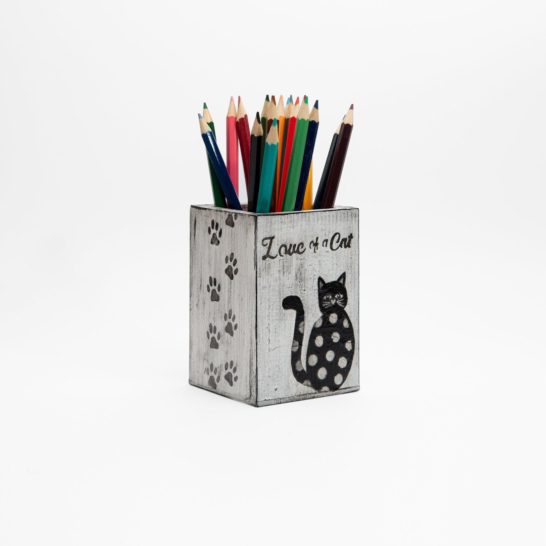 Black Cats Pencil Holder , Wooden Desk Paws Pens Stand , Cats Lover ...