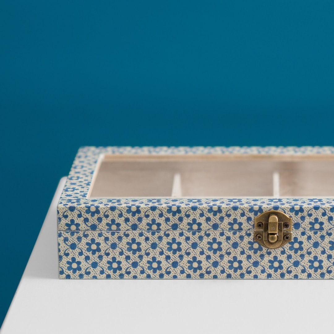 Flowers Blue Tea Box With Glass Lid, Floral Tea Organizer, Wooden Tea ...