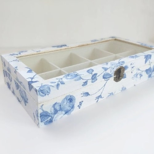 Blue Flowers Wooden Tea Box With Glass Lid Teabags Holder - Etsy