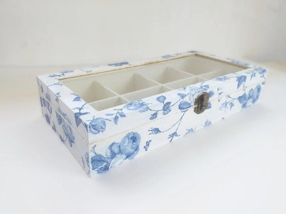Blue Flowers Wooden Tea Box With Glass Lid Teabags Holder - Etsy