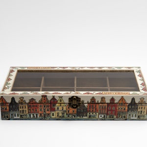 Tea Box, Amsterdam Canal Houses Wooden Tea Bags Organiser With Glass ...
