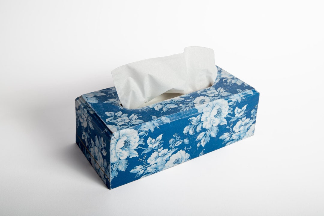 Floral Rectangle Tissue Box , Blue White Flowers Wooden Box for Tissues ...