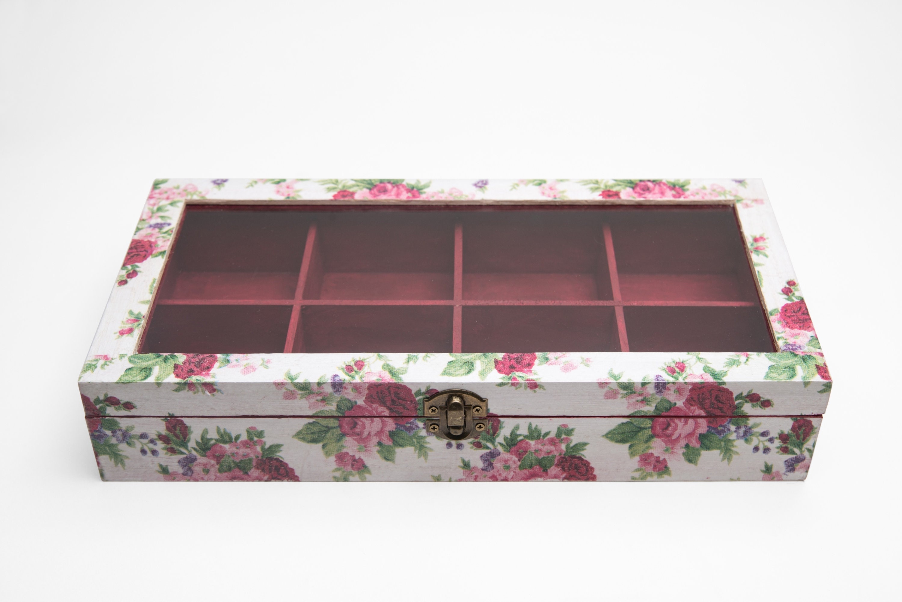 Red Roses Wooden Tea Box With Glass Lid, Floral Jewellery Box, Teabags ...