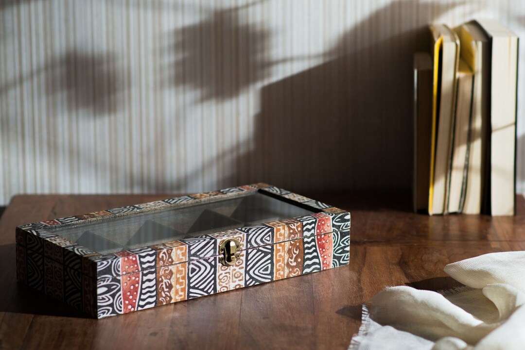 African Pattern Wooden Tea Box , Tea Bags Organiser Box With Glass Lid ...