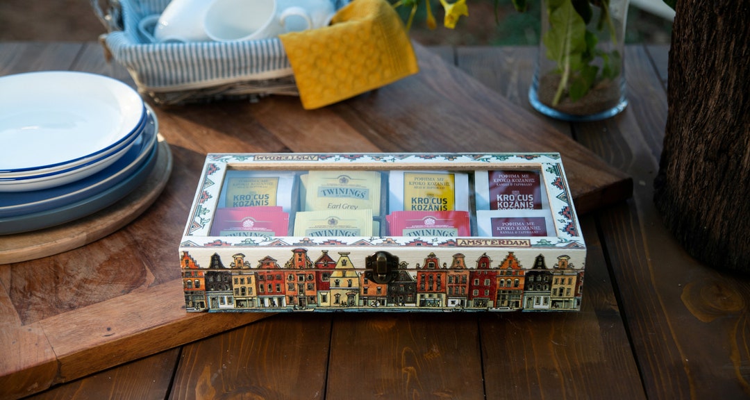 Tea Box, Amsterdam Canal Houses Wooden Tea Bags Organiser With Glass ...