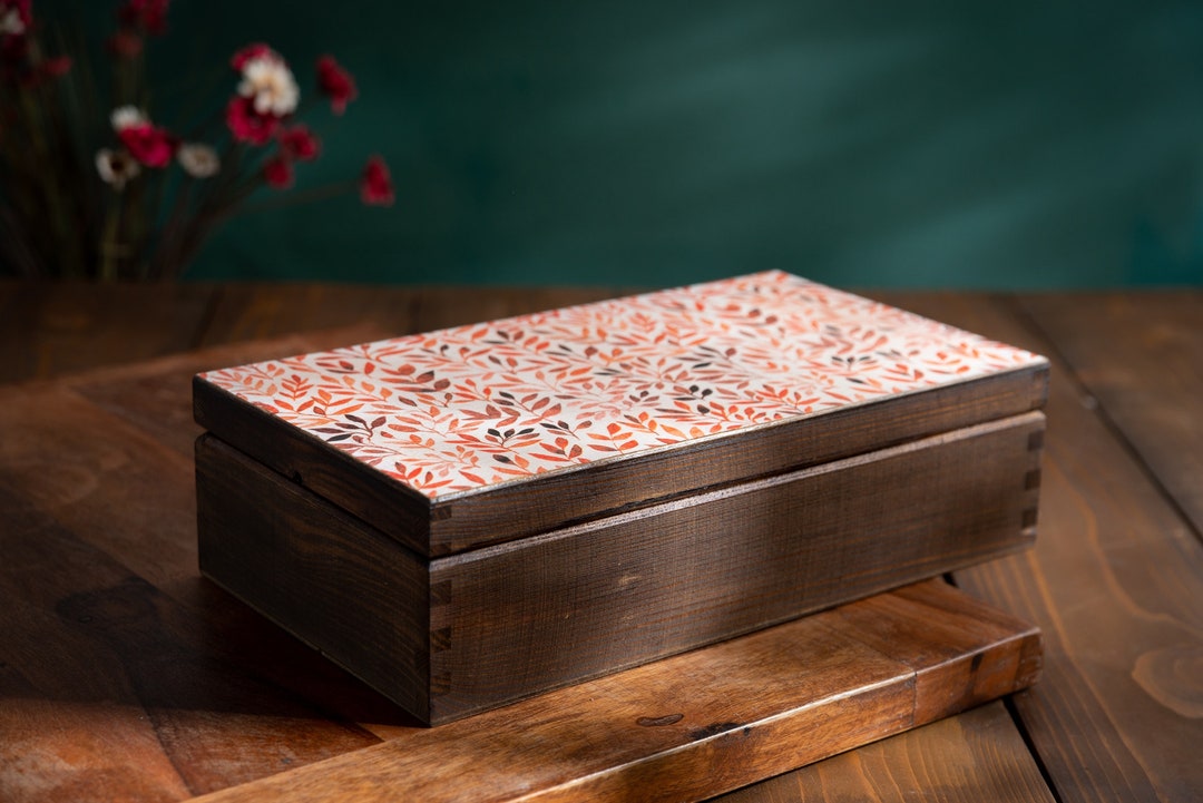Tea Box With 8 Compartments , Orange Red Leaves Tea Organiser Box ...
