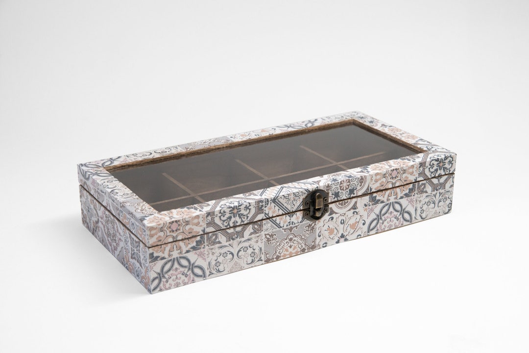 Wooden Tea Box With Glass Lid, Talaveros Decoupage Teabags Organiser ...