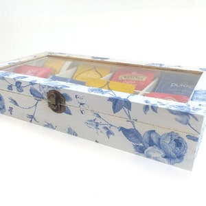 Blue Flowers Wooden Tea Box With Glass Lid , Teabags Holder With 8 ...