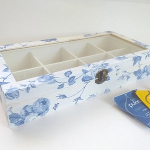 Blue Flowers Wooden Tea Box With Glass Lid , Teabags Holder With 8 ...
