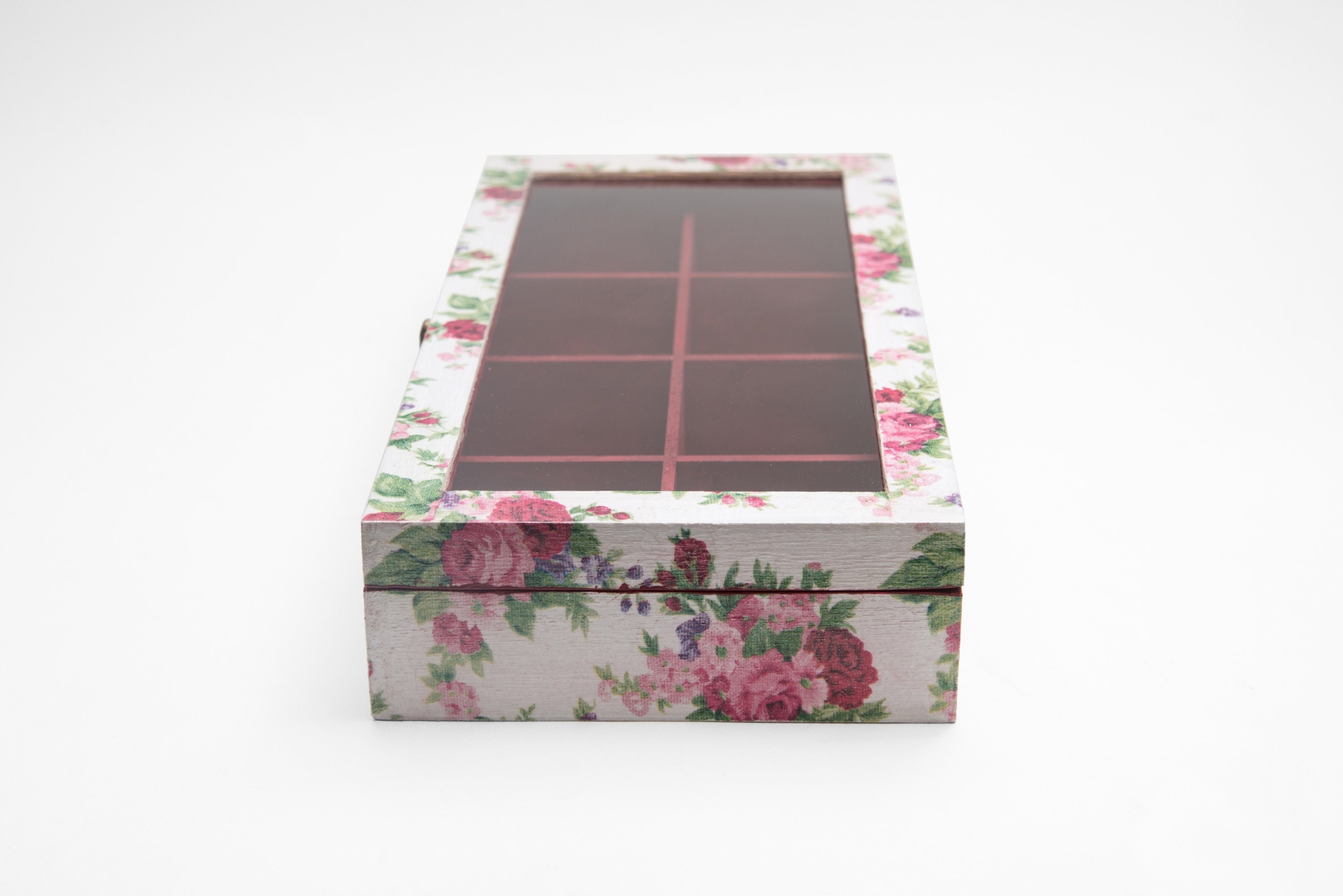 Red Roses Wooden Tea Box With Glass Lid, Floral Jewellery Box, Teabags ...