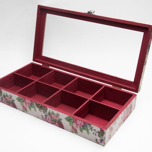 Red Roses Wooden Tea Box With Glass Lid, Floral Jewellery Box, Teabags ...
