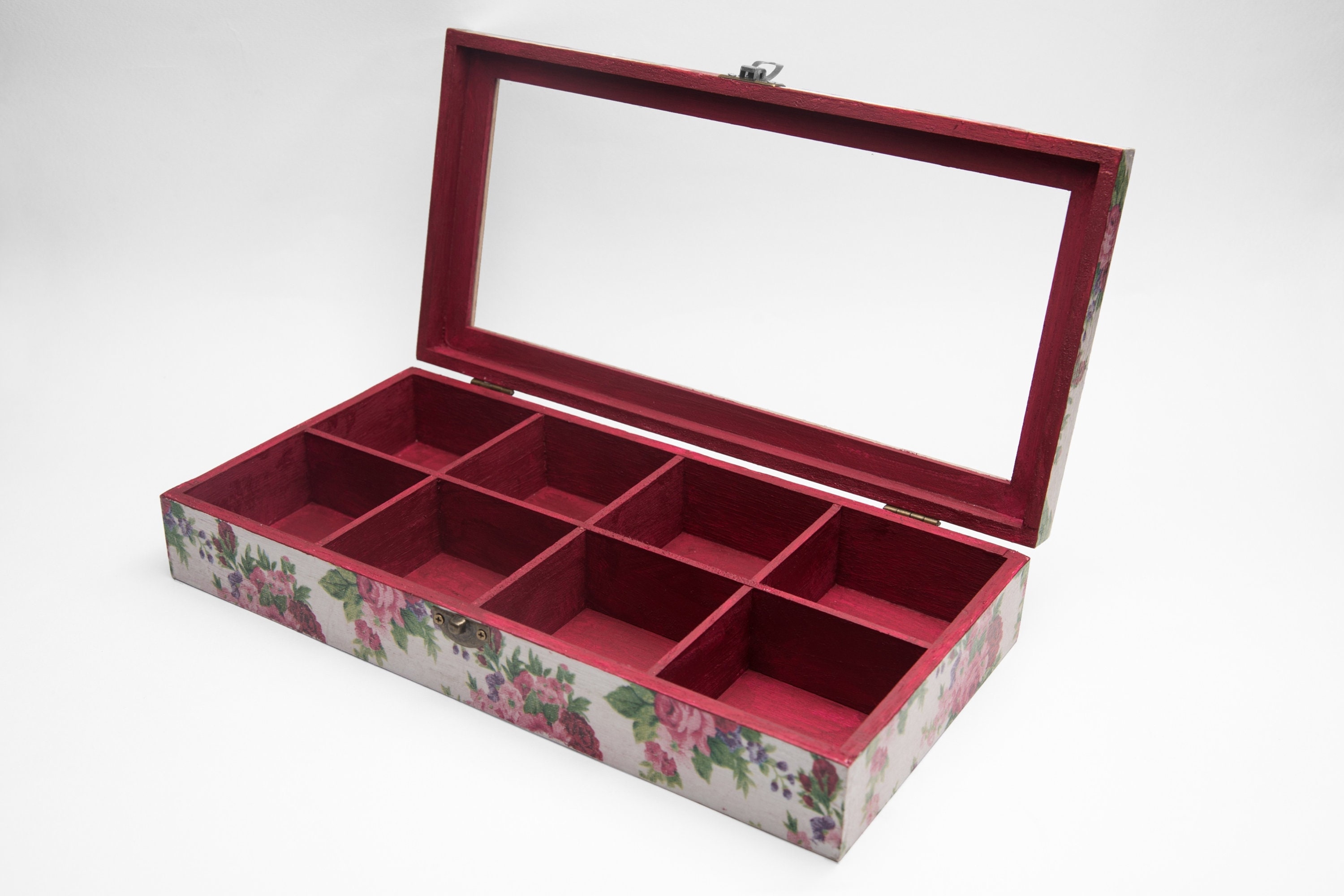 Red Roses Wooden Tea Box With Glass Lid, Floral Jewellery Box, Teabags ...