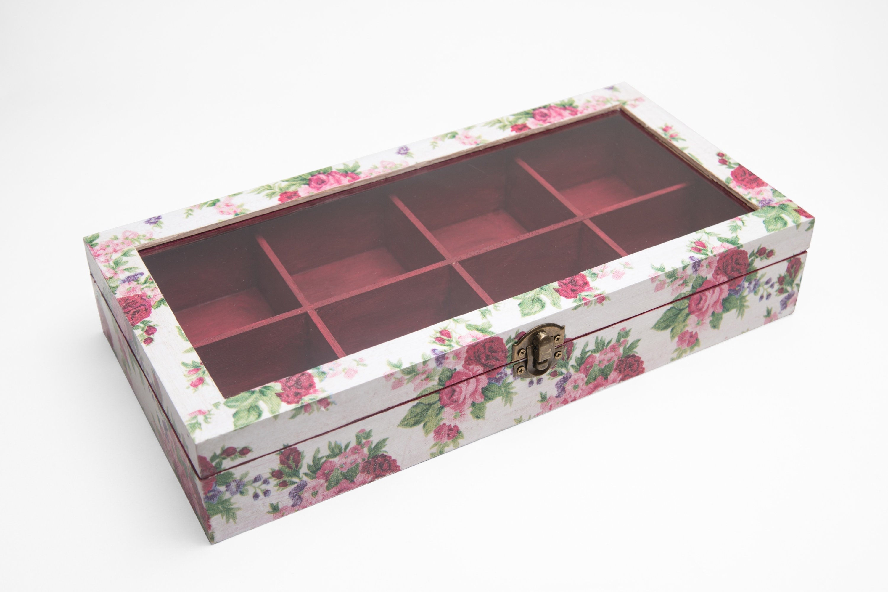 Red Roses Wooden Tea Box With Glass Lid, Floral Jewellery Box, Teabags ...