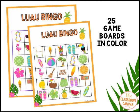 Luau Party Bingo Games, Birthday Bingo Board, Tropical Hawaiian Theme ...