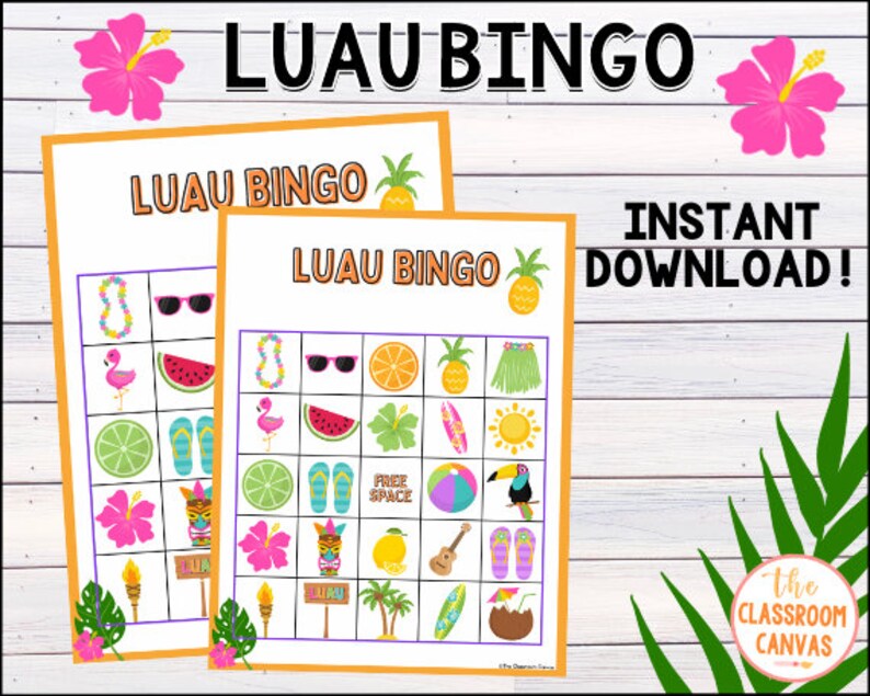 Luau Party Bingo Games, Birthday Bingo Board, Tropical Hawaiian Theme ...