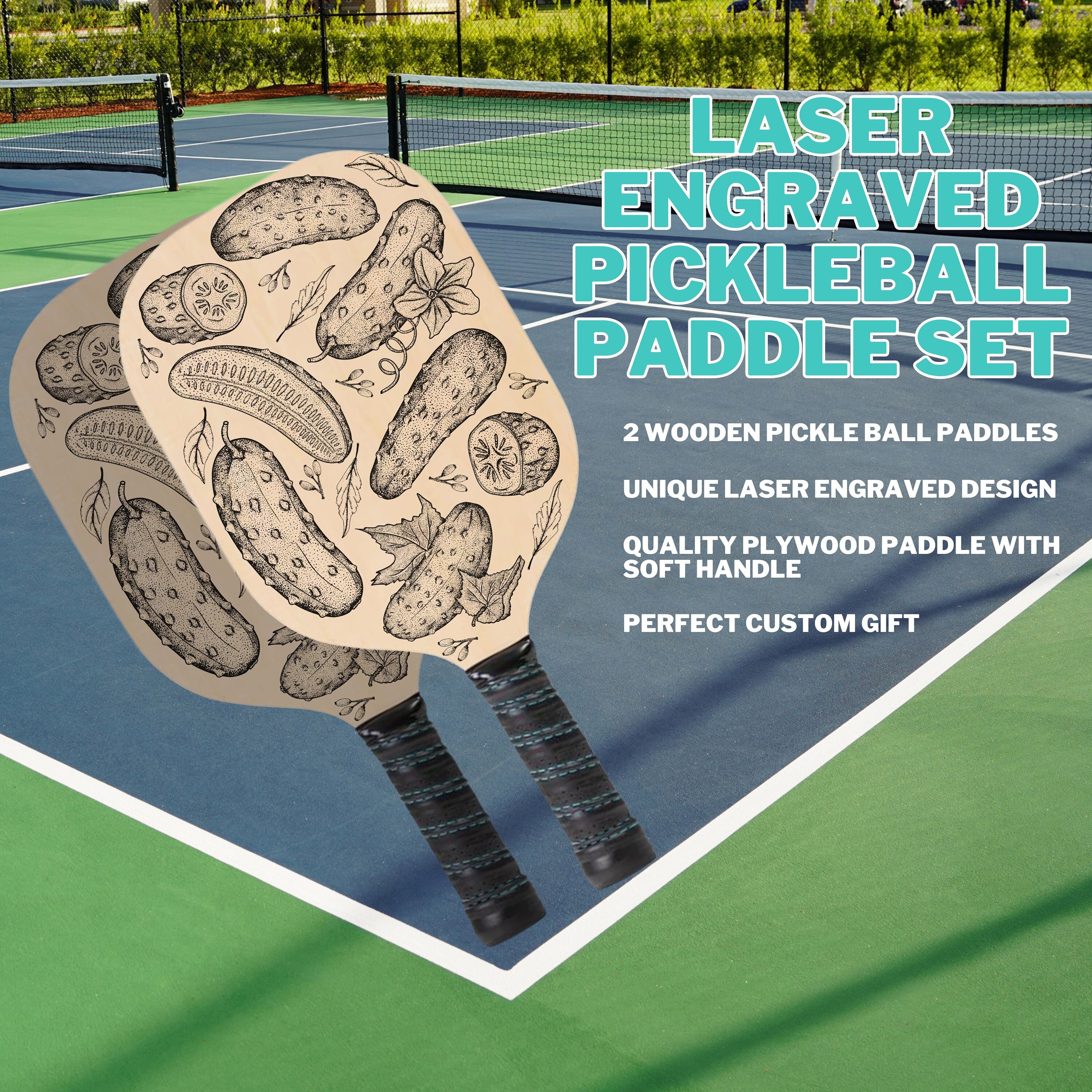 Laser Engraved Wooden Pickleball Paddles 2 Piece Set Pickle Pattern ...