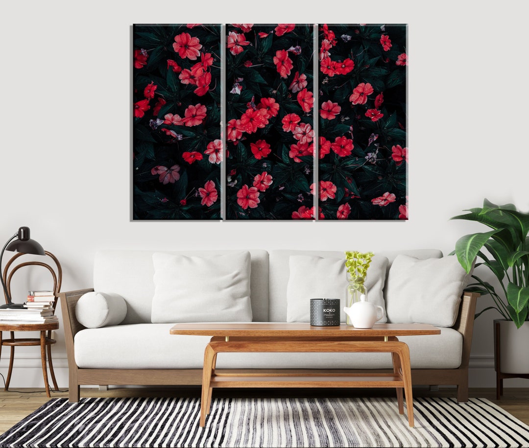 Dark Red Japanese Rose-hibiscus Flower Wall Art, Set of 3 Flower Canvas ...