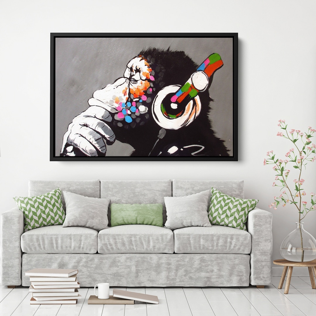 Banksy Thinking Monkey Art Canvas, Banksy Wall Art, Framed Graffiti Wall Art, Ready to Hang ...