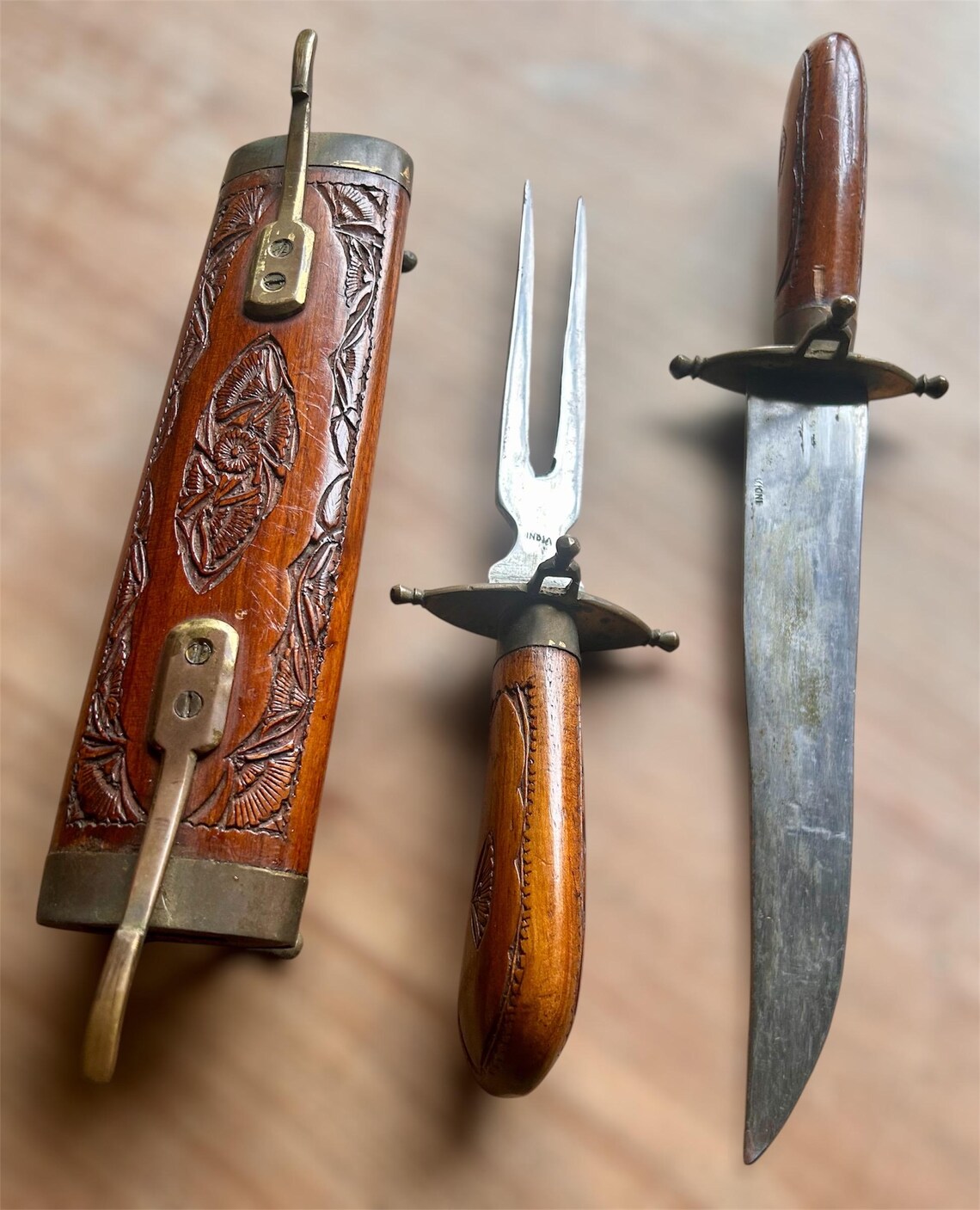 Vintage Knife and Fork Set W/ Hand Carved Wooden Sheath and Brass ...
