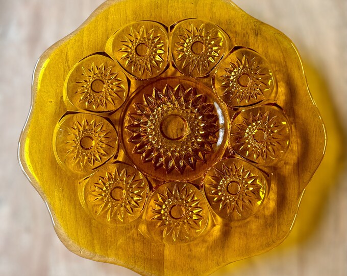 Vintage Golden Amber Indiana Glass Plate With Etched Sunburst - Etsy