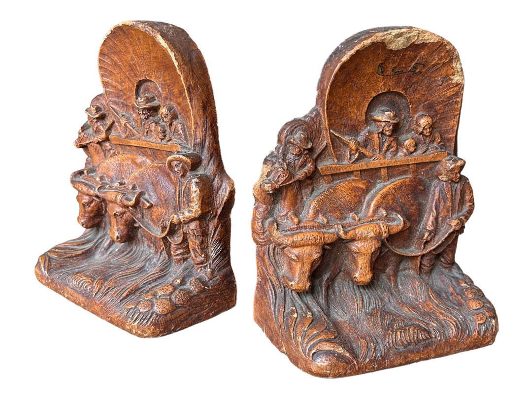 Syroco Bookends, Pioneers & Settlers, Covered Wagon and Oxen's C.1940's ...
